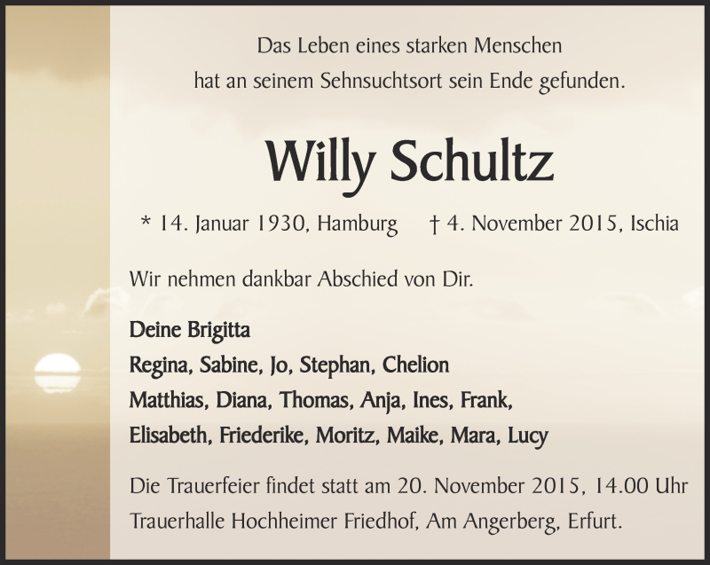 Traueranzeigen von Willy Schultz | trauer-in-thueringen.de
