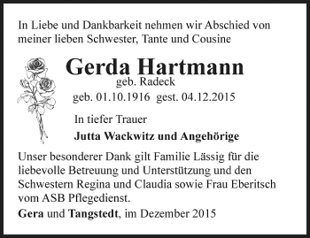 Traueranzeigen von Gerda Hartmann | trauer-in-thueringen.de