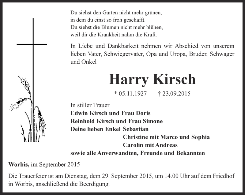 Traueranzeigen von Harry Kirsch | trauer-in-thueringen.de