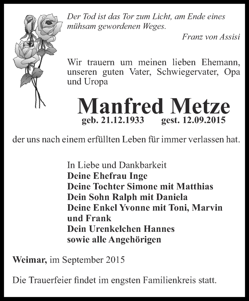 Traueranzeigen von Manfred Metze | trauer-in-thueringen.de
