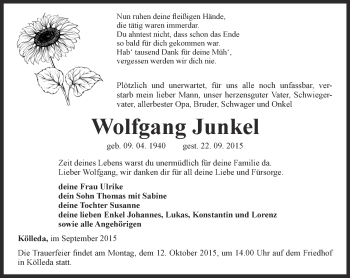 Traueranzeigen von Wolfgang Junkel | trauer-in-thueringen.de