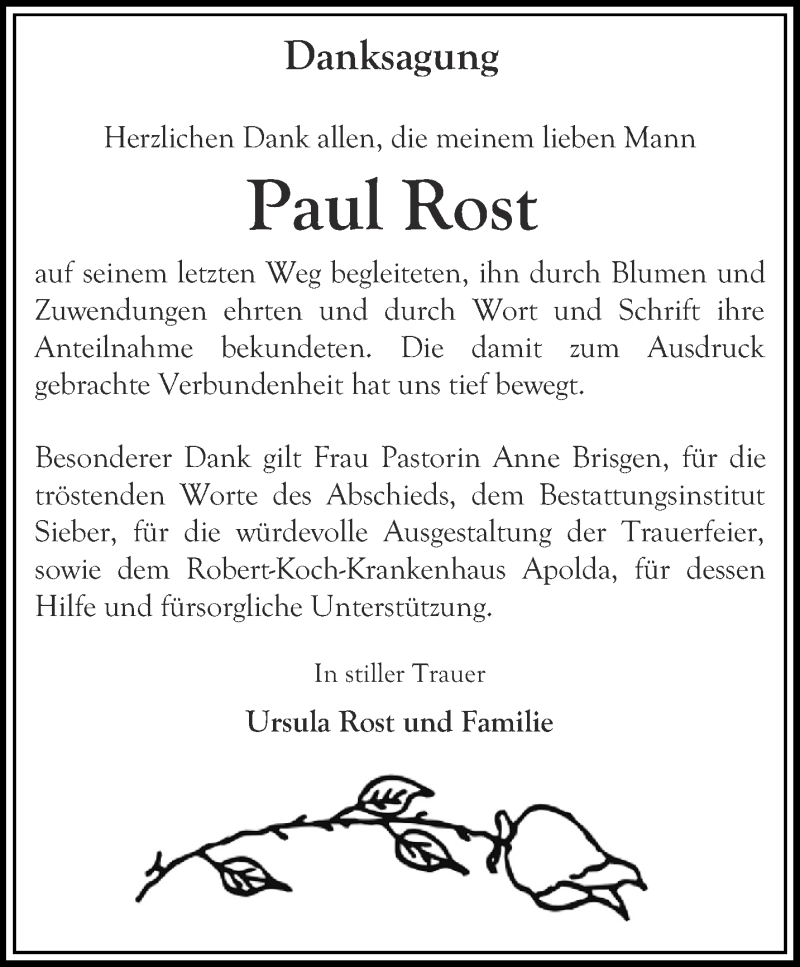 Traueranzeigen von Paul Rost | trauer-in-thueringen.de