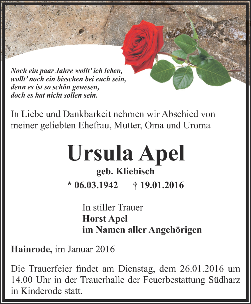 Traueranzeigen von Ursula Apel | trauer-in-thueringen.de