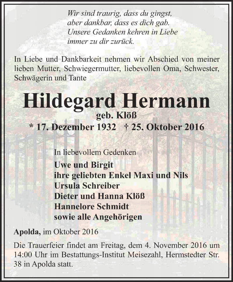 Traueranzeigen von Hildegard Hermann | trauer-in-thueringen.de