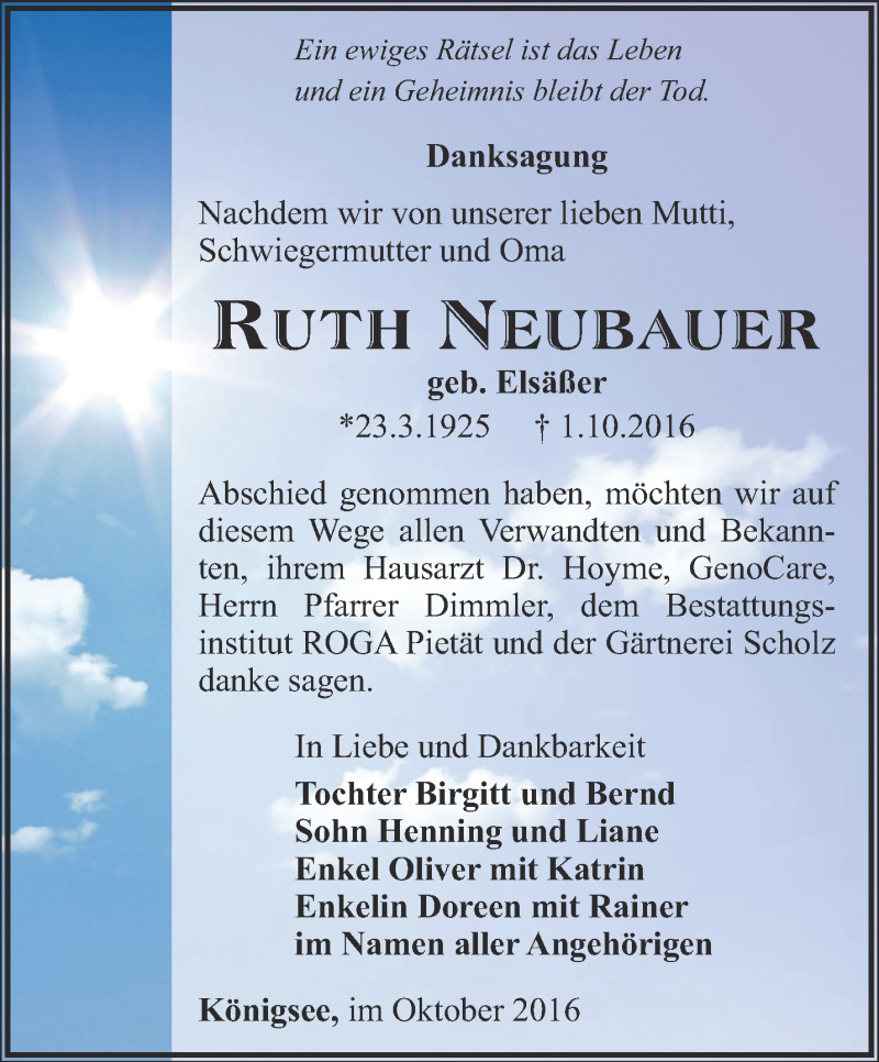 Traueranzeigen von Ruth Neubauer | trauer-in-thueringen.de