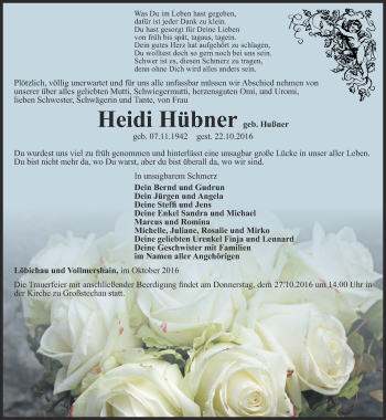 Traueranzeigen von Heidi Hübner | trauer-in-thueringen.de