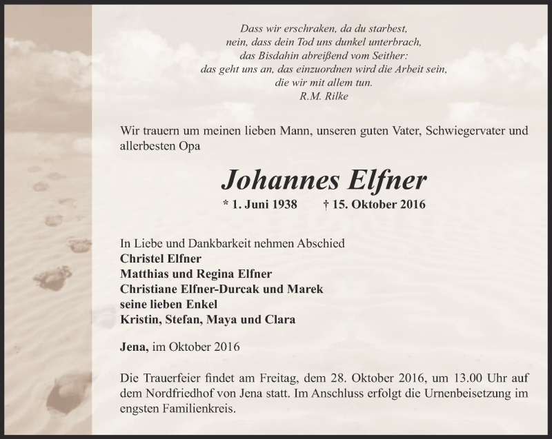 Traueranzeigen von Johannes Elfner | trauer-in-thueringen.de