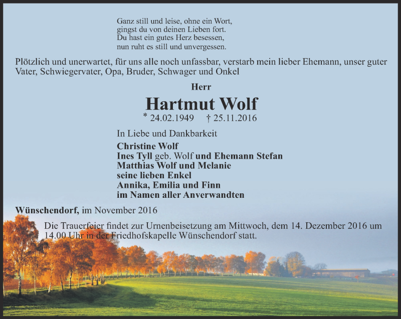 Traueranzeigen von Hartmut Wolf | trauer-in-thueringen.de