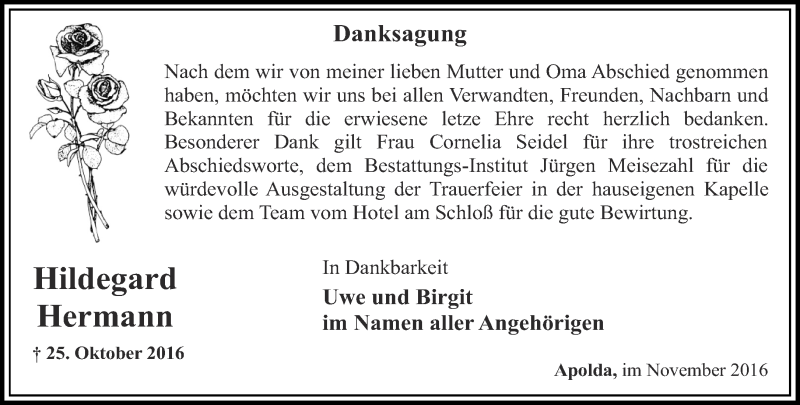 Traueranzeigen von Hildegard Hermann | trauer-in-thueringen.de