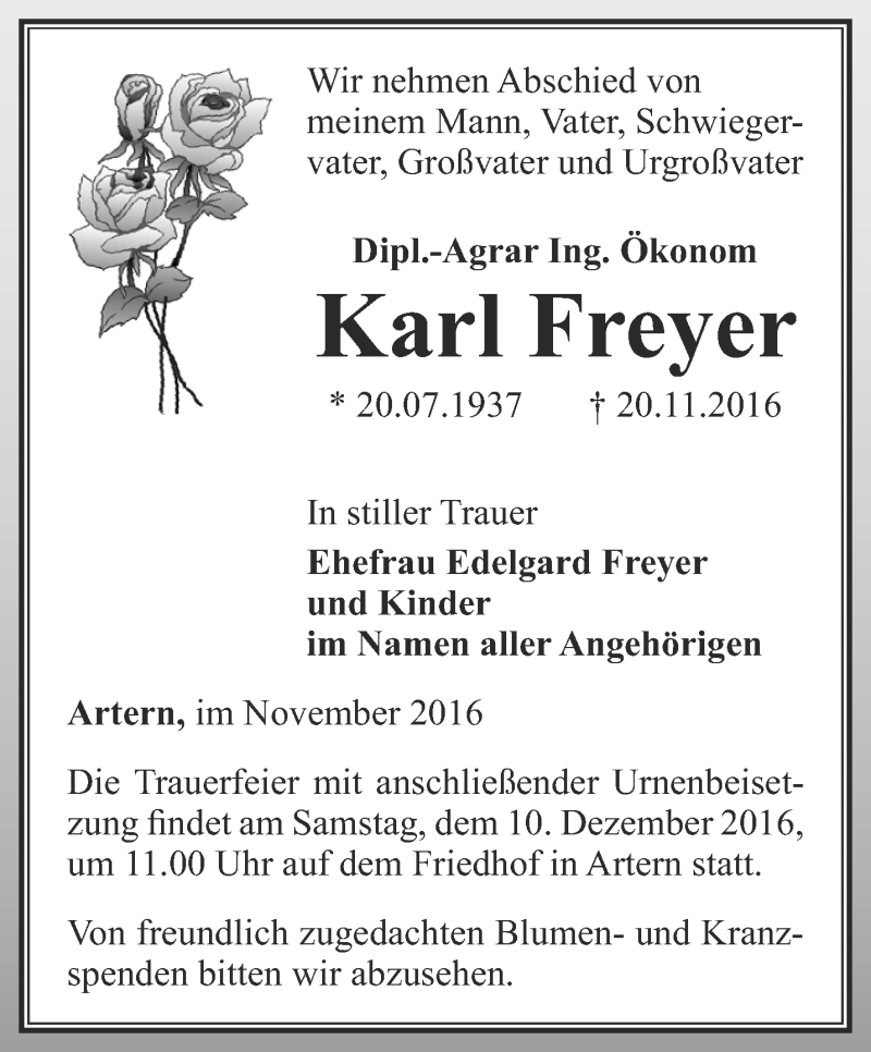 Traueranzeigen von Karl Freyer | trauer-in-thueringen.de