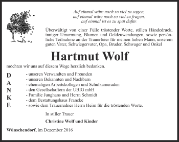 Traueranzeigen von Hartmut Wolf | trauer-in-thueringen.de