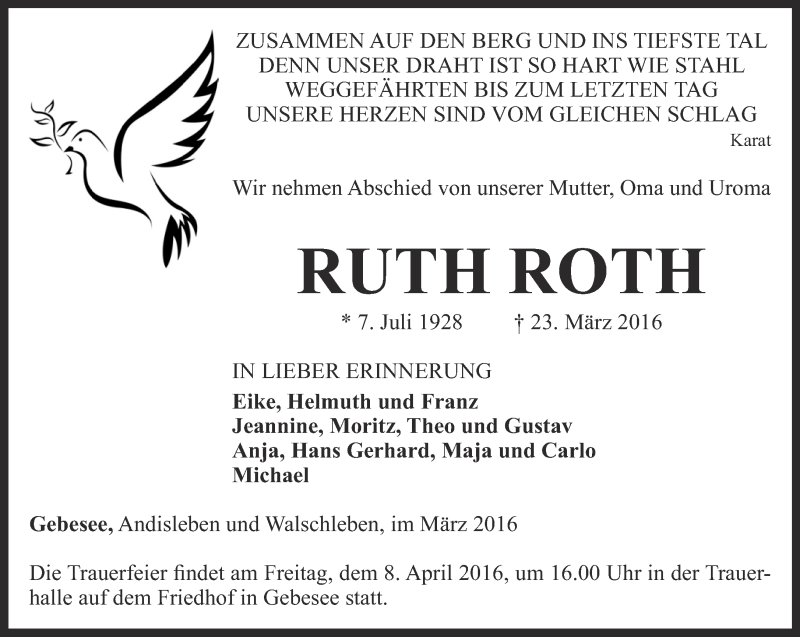 Traueranzeigen von Ruth Roth | trauer-in-thueringen.de