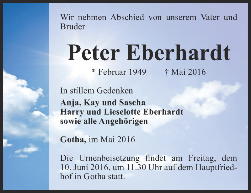 Traueranzeigen von peter Eberhardt | trauer-in-thueringen.de