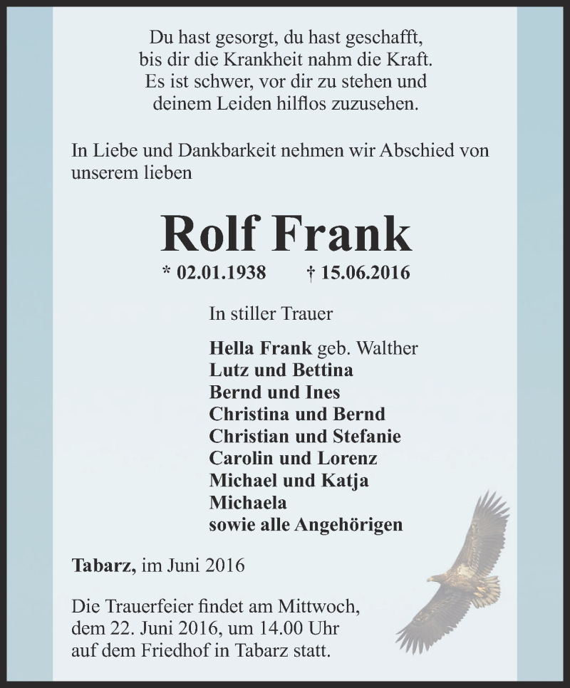 Traueranzeigen von Rolf Frank | trauer-in-thueringen.de