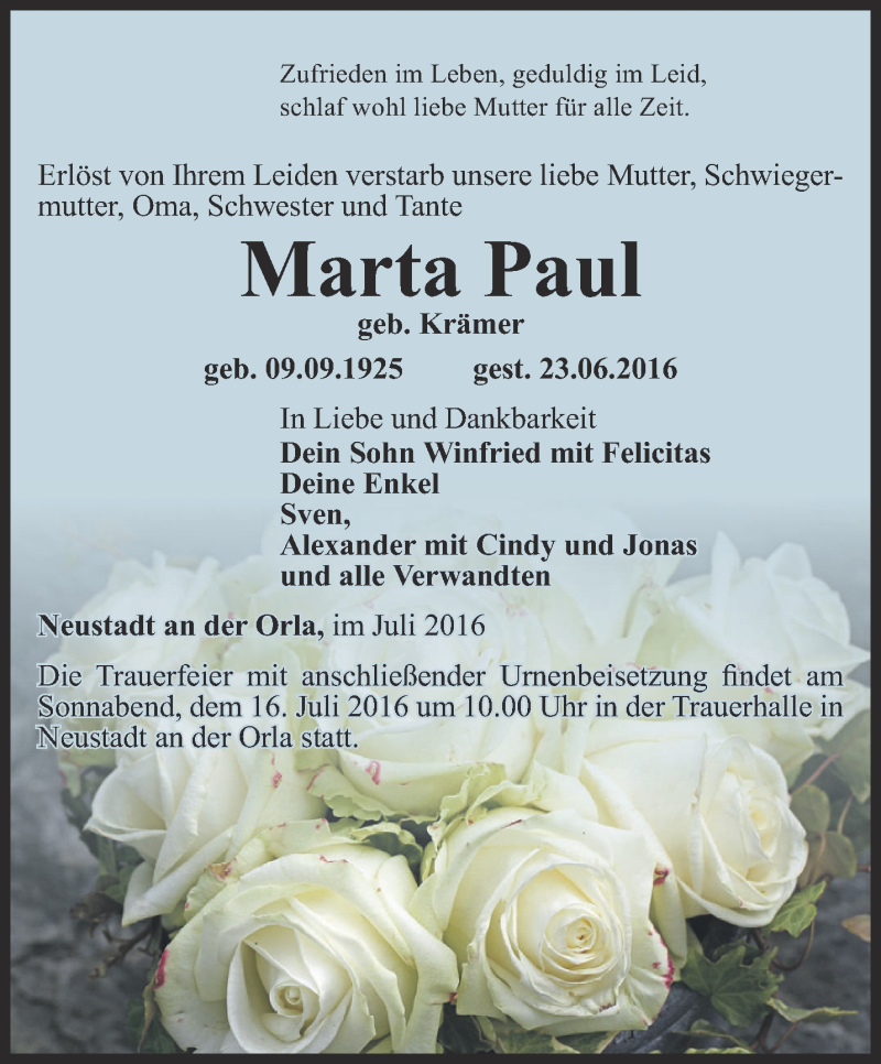 Traueranzeigen von Marta Paul | trauer-in-thueringen.de