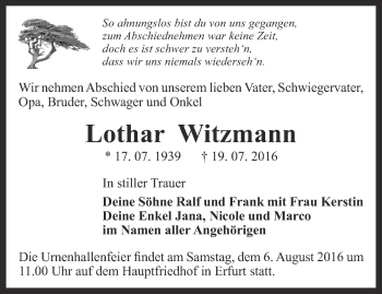 Traueranzeigen von Lothar Witzmann | trauer-in-thueringen.de