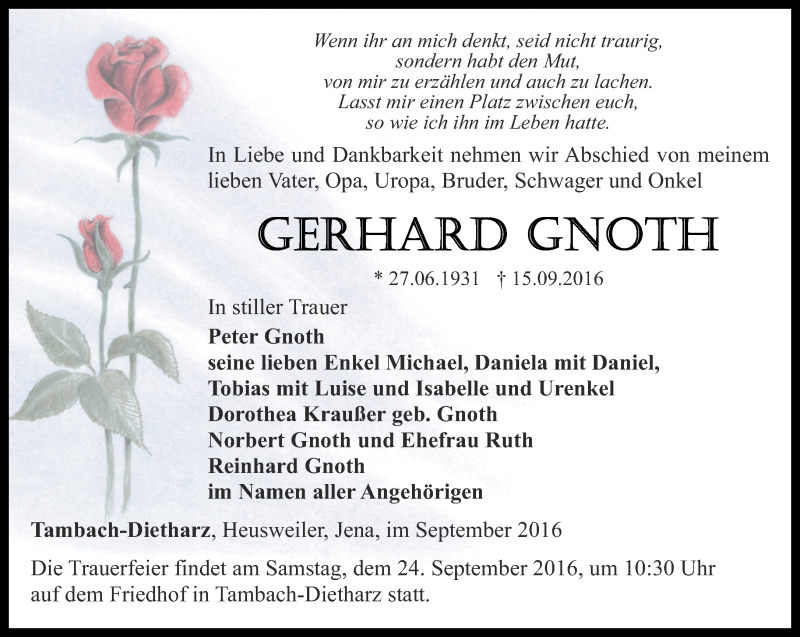 Traueranzeigen von Gerhard Gnoth | trauer-in-thueringen.de Traueranzeigen von Gerhard Gnoth | trauer-in-thueringen.de