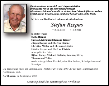Traueranzeigen von Stefan Rzepus | trauer-in-thueringen.de