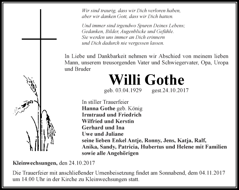 Traueranzeigen von Willi Gothe | trauer-in-thueringen.de