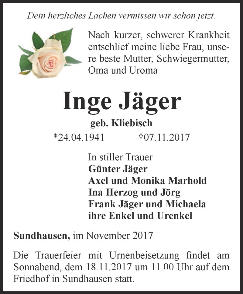 Traueranzeigen von Inge Jäger | trauer-in-thueringen.de