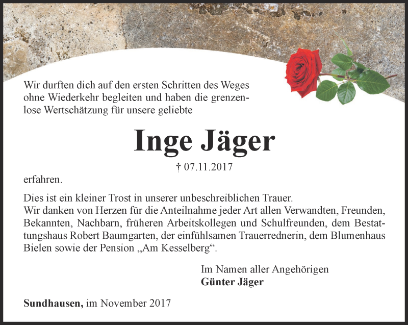 Traueranzeigen von Inge Jäger | trauer-in-thueringen.de