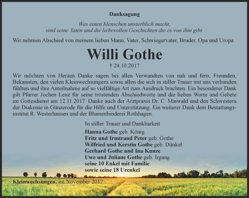 Traueranzeigen von Willi Gothe | trauer-in-thueringen.de
