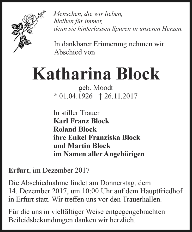 Traueranzeigen von Katharina Block | trauer-in-thueringen.de