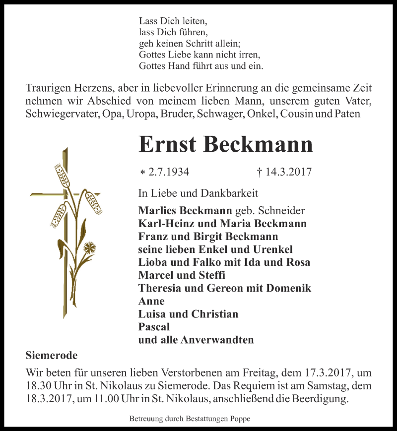 Traueranzeigen von Ernst Beckmann | trauer-in-thueringen.de