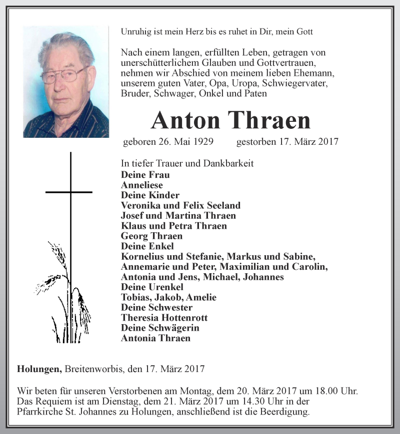 Traueranzeigen von Anton Thraen | trauer-in-thueringen.de