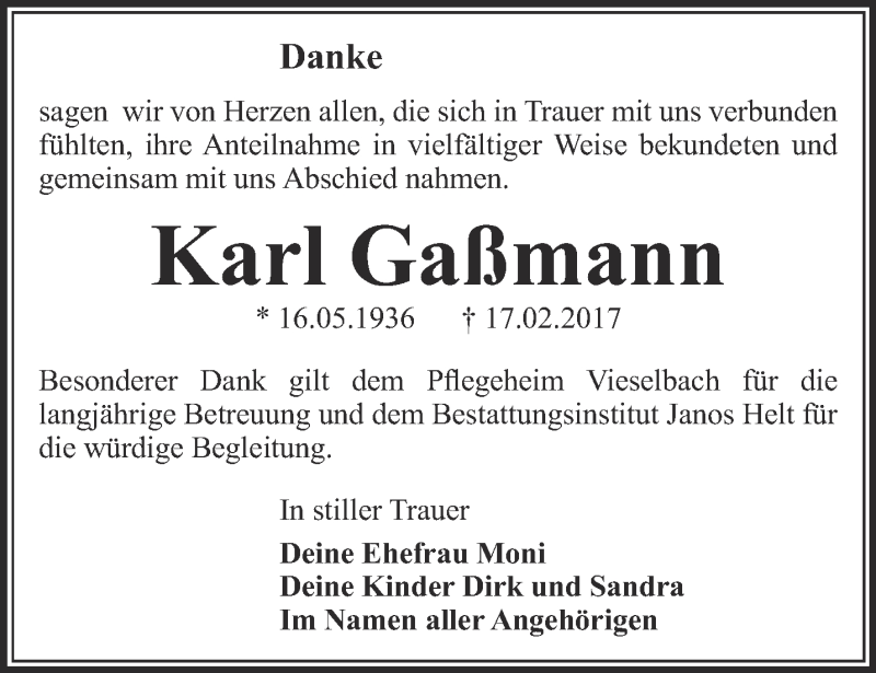 Traueranzeigen von Karl Gaßmann | trauer-in-thueringen.de
