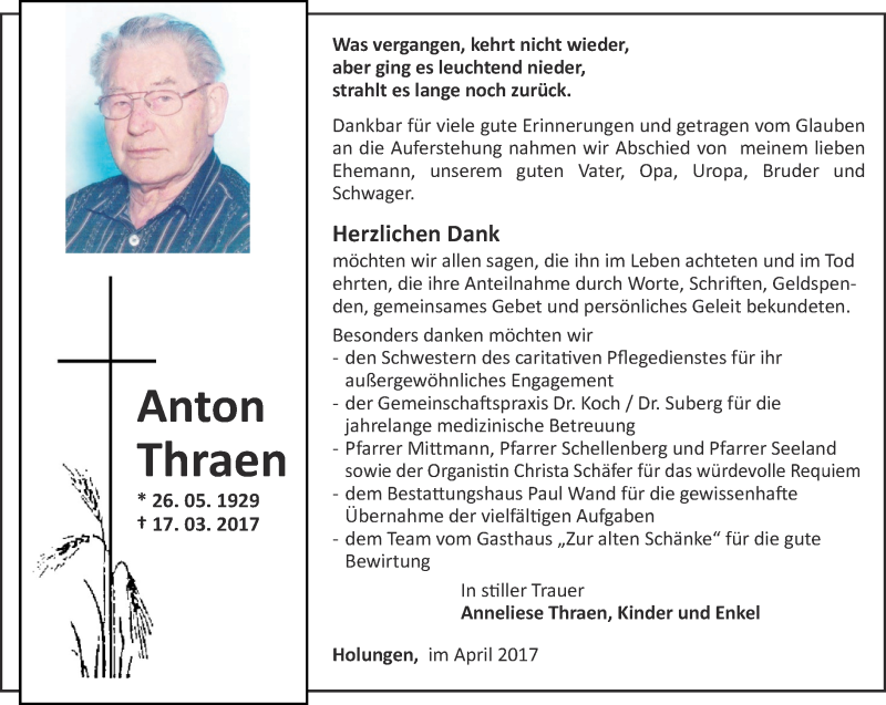 Traueranzeigen von Anton Thraen | trauer-in-thueringen.de