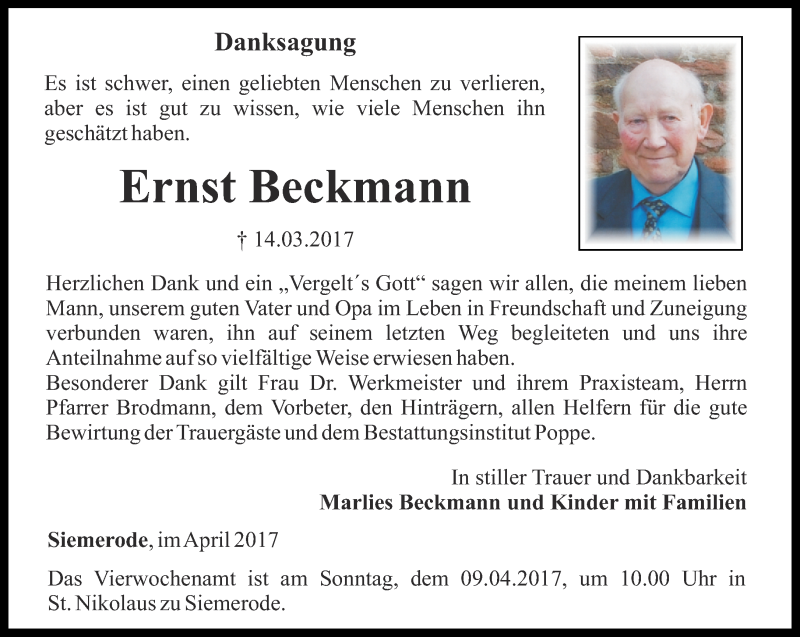 Traueranzeigen von Ernst Beckmann | trauer-in-thueringen.de