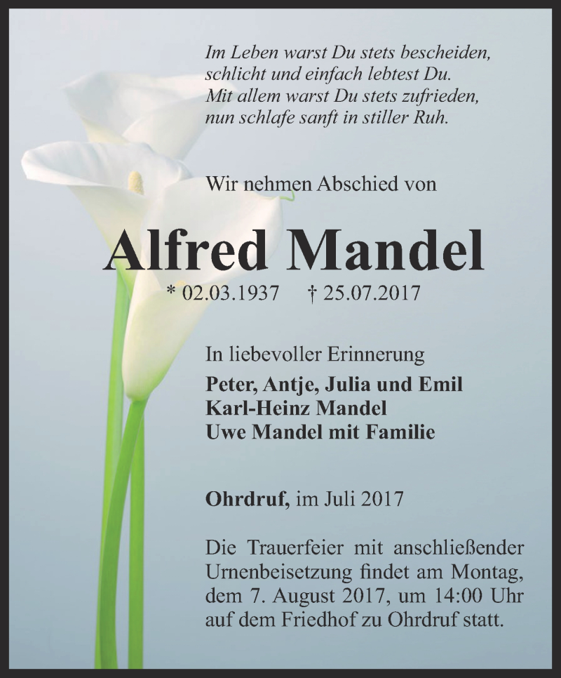 Traueranzeigen von Alfred Mandel | trauer-in-thueringen.de