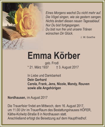 Traueranzeigen von Emma Körber | trauer-in-thueringen.de