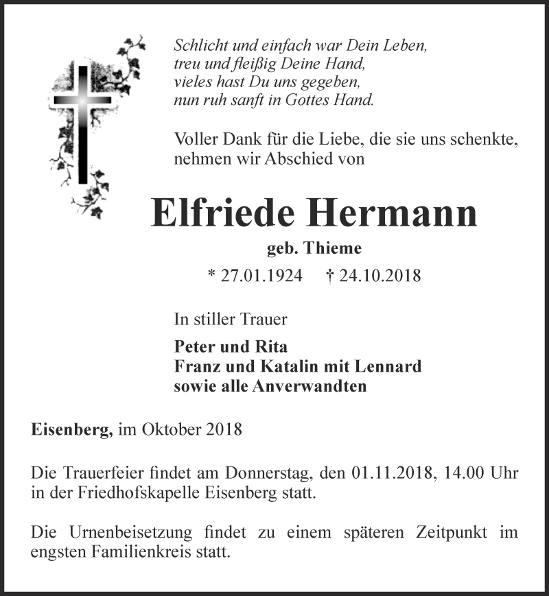 Traueranzeigen von Elfriede Hermann | trauer-in-thueringen.de