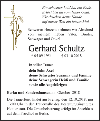 Traueranzeigen von Gerhard Schultz | trauer-in-thueringen.de