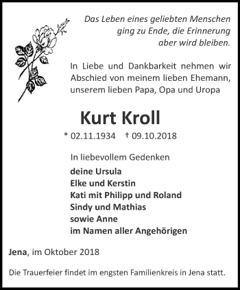 Traueranzeigen von Kurt Kroll | trauer-in-thueringen.de