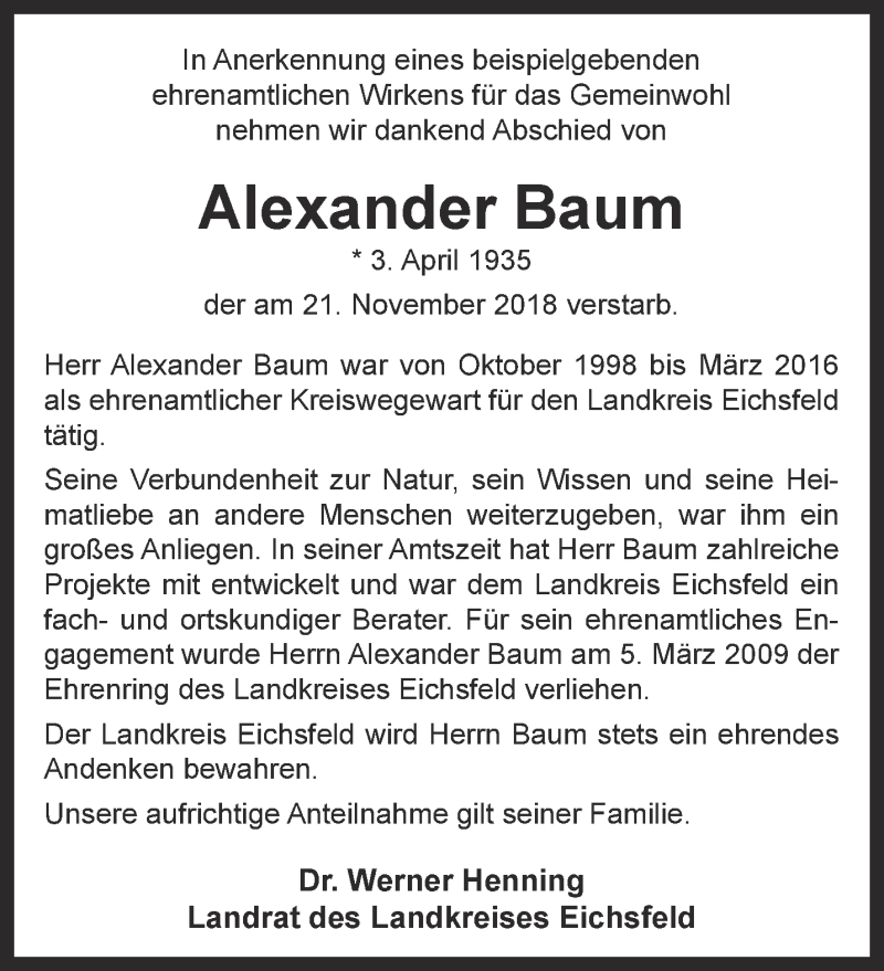 Traueranzeigen von Alexander Baum | trauer-in-thueringen.de