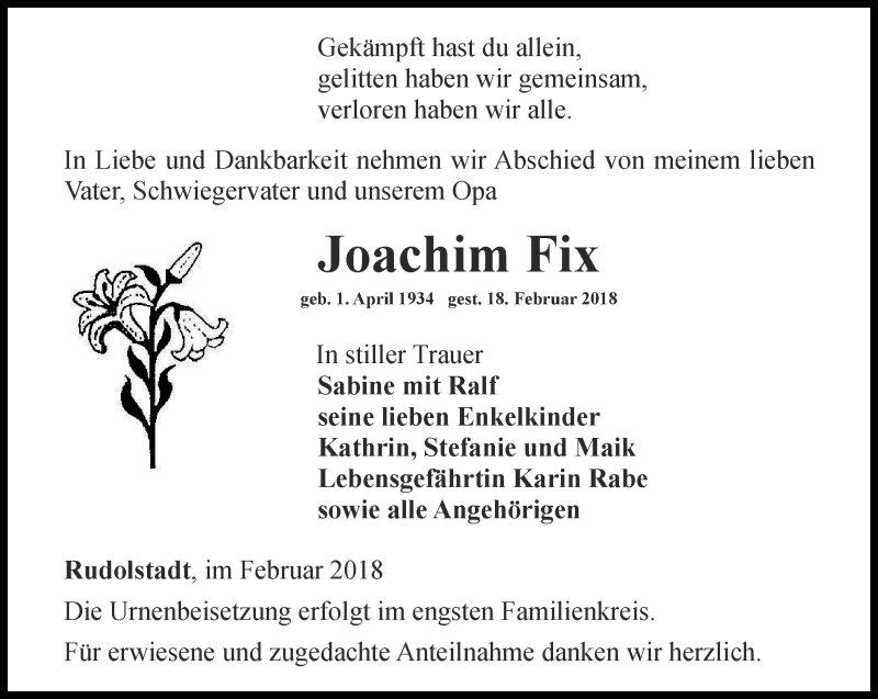 Traueranzeigen von Joachim Fix | trauer-in-thueringen.de