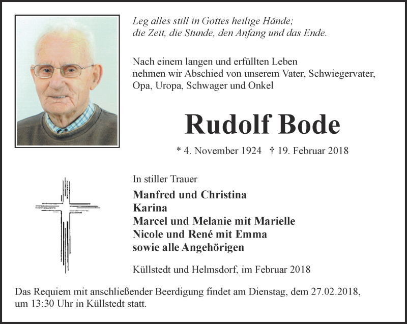 Traueranzeigen von Rudolf Bode | trauer-in-thueringen.de