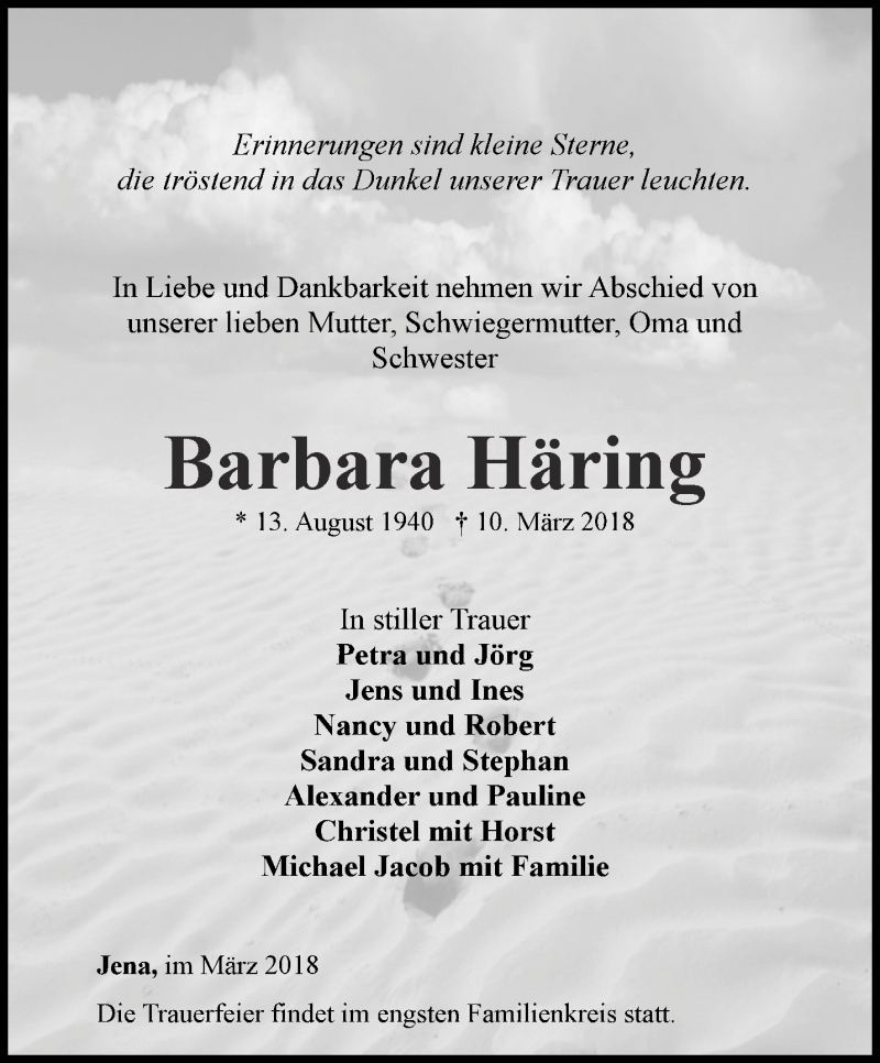 Traueranzeigen von Barbara Häring | trauer-in-thueringen.de