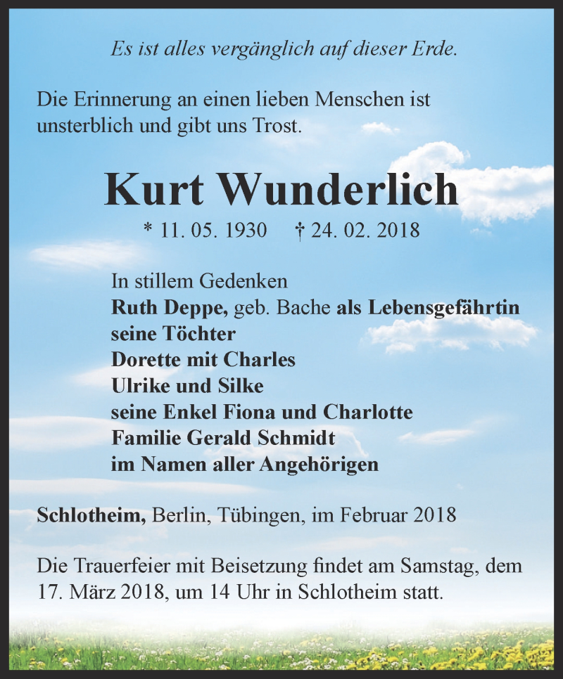 Traueranzeigen von Kurt Wunderlich | trauer-in-thueringen.de
