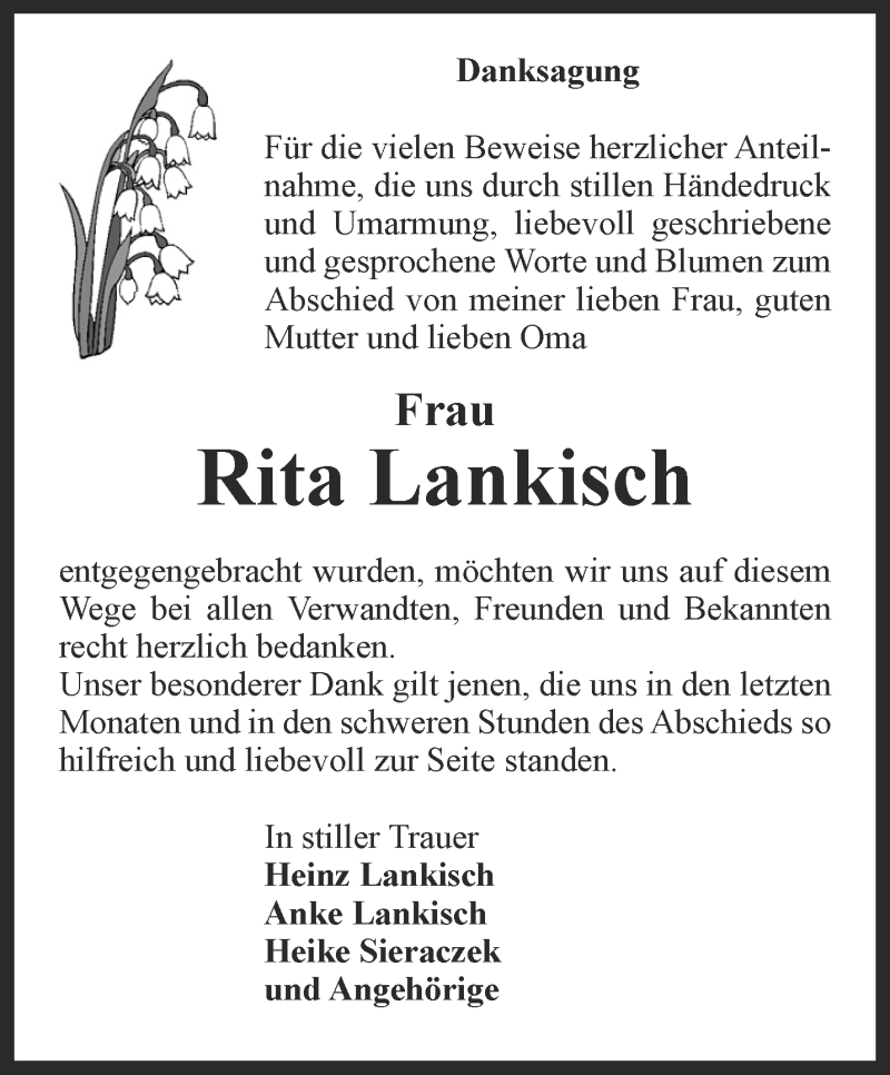 Traueranzeigen von Rita Lankisch | trauer-in-thueringen.de