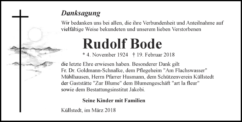 Traueranzeigen von Rudolf Bode | trauer-in-thueringen.de