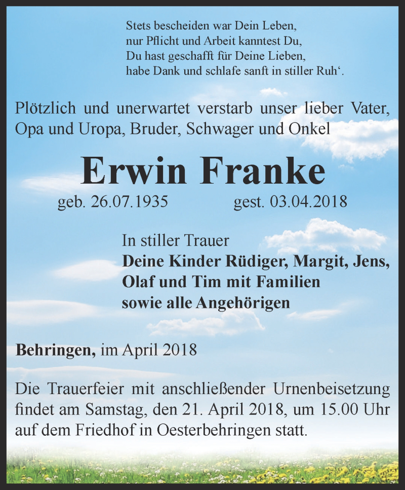 Traueranzeigen von Erwin Franke | trauer-in-thueringen.de