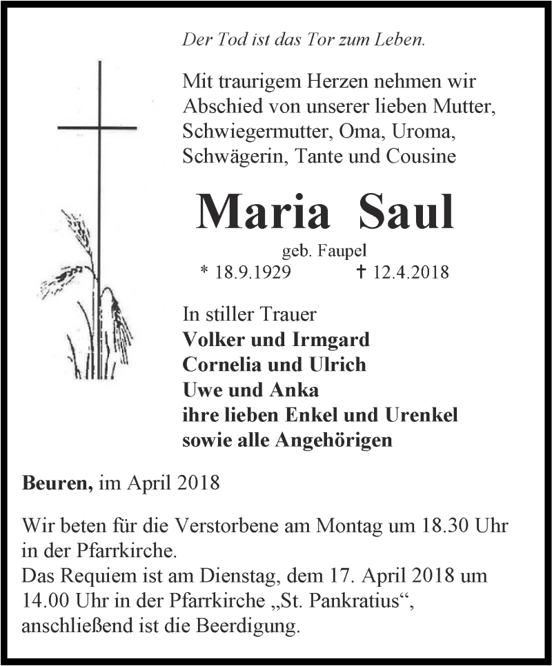 Traueranzeigen von Maria Saul | trauer-in-thueringen.de