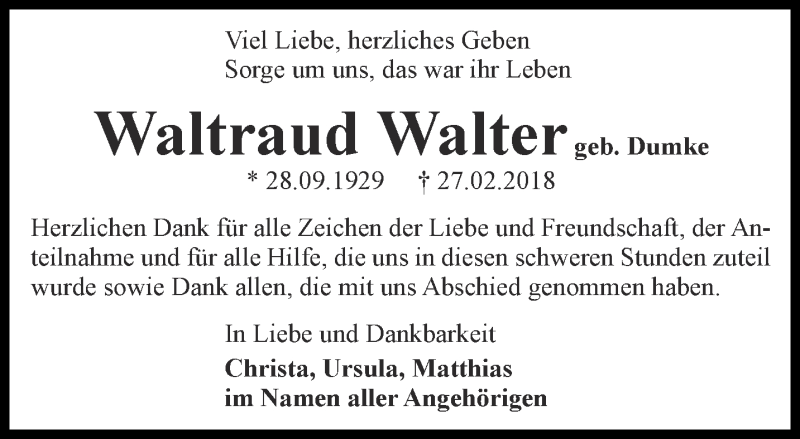 Traueranzeigen von Waltraud Walter | trauer-in-thueringen.de