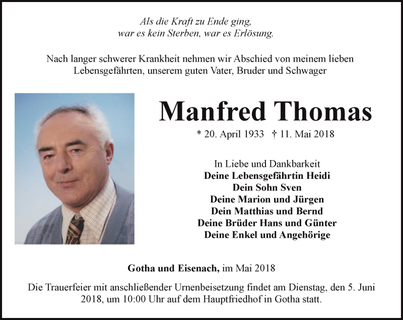Traueranzeigen von Manfred Thomas | trauer-in-thueringen.de