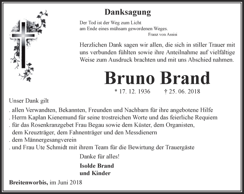 Traueranzeigen von Bruno Brand | trauer-in-thueringen.de