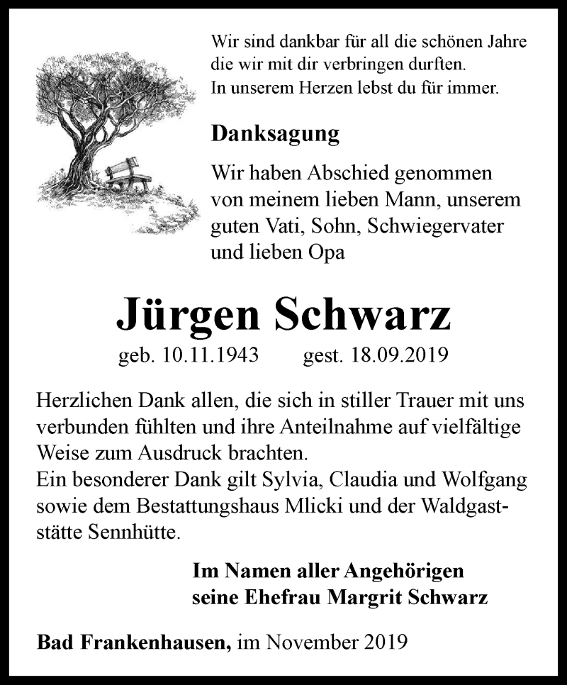 Traueranzeigen von Jürgen Schwarz | trauer-in-thueringen.de